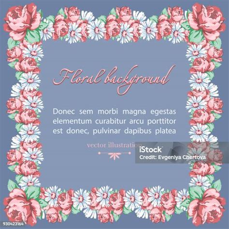 카모마일 장미 꽃의 화 환 꽃 배경 사각 꽃 프레임 테두리 벡터 그린된 버드 핑크 장미 꽃과 흰색 카모마일 손 블루 배경에 고립 된 텍스트 레이블이 그리기 공예에 대한 스톡