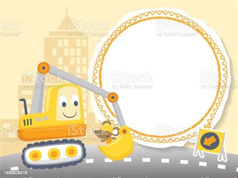 เวกเตอร์การ์ตูนขององค์ประกอบการก่อสร้างกรอบที่ว่างเปล่ารอบกับรถขุดตลกและเมาส์บนพื้นหล ภาพประกอบ