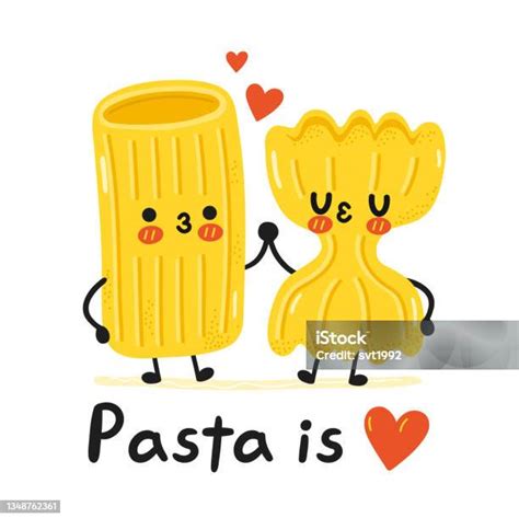 귀여운 재미 마카로니 파스타 국수 캐릭터 파스타는 사랑의 슬로건입니다 벡터 만화 가와이 캐릭터 일러스트 아이콘 흰색 배경에 격리 귀여운 마카로니 국수 파스타 만화 마스코트