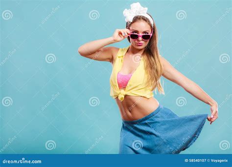 Portrait Of Happy Pin Up Girl Wearing Sunglasses Stock Image Image