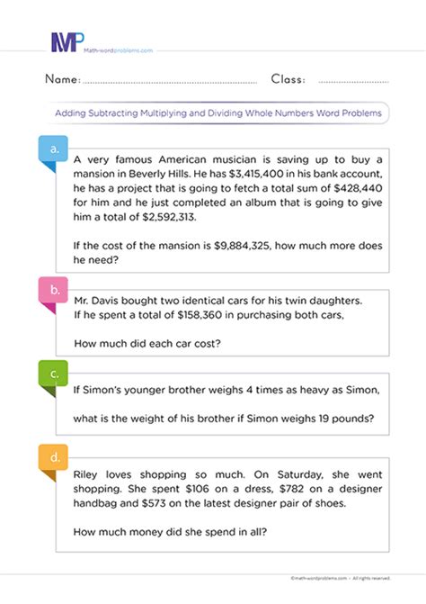 Adding Subtracting Multiplying And Dividing Whole Numbers Word Problems