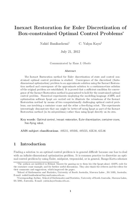 Pdf Inexact Restoration For Euler Discretization Of Box Constrained Optimal Control Problems