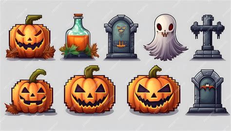Pixelated Haunted Halloween Props Set Of 16bit Pixel Art Halloween Game