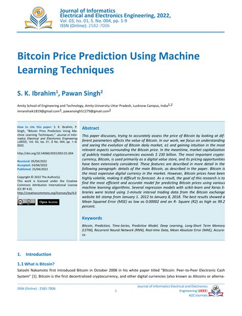 PDF Bitcoin Price Prediction Using Machine Learning Techniques