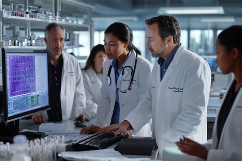 A Group Of Doctors Analyzing Research Data On A Computer Premium Ai Generated Image