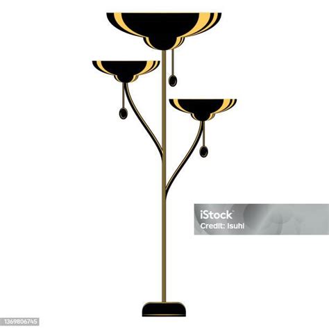 바닥 램프 집에서 조명 장비 세 개의 전등 갓 다른 크기 얇은 스탠드 객실용 플로어 램프 램프 쉐이드 디자인 세련된 인테리어 벡터 아이콘 플랫 블랙 옐로우 격리 3가지