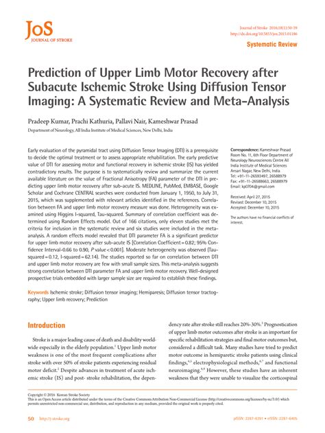 Pdf Prediction Of Upper Limb Motor Recovery After Subacute Ischemic