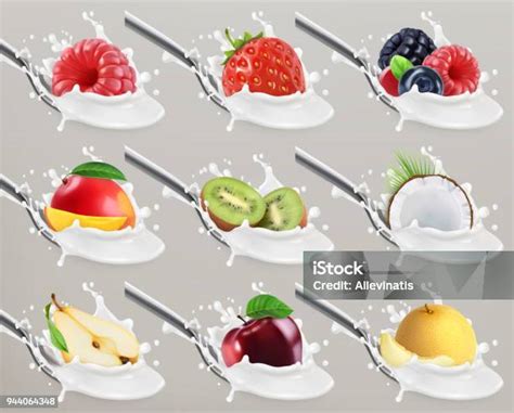 과일 딸기 요구르트입니다 우유 스플래시입니다 3d 현실 벡터 아이콘 세트 물이 튀는에 대한 스톡 벡터 아트 및 기타 이미지