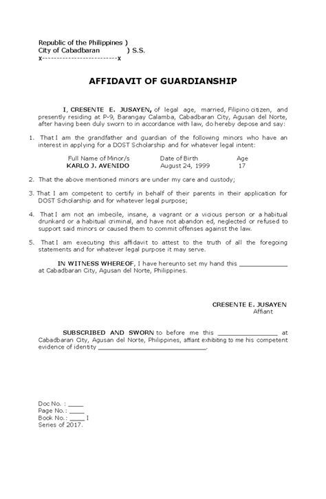 Affidavit Of Guardianship Republic Of The Philippines City Of