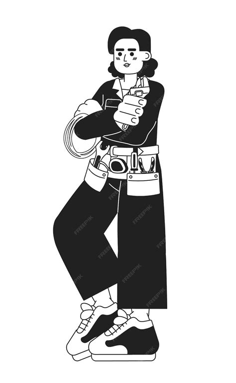 도구를 들고 있는 손수녀 검은색과 ⁇ 색 만화 평평한 일러스트레이션 자동차 메카닉 여성 라틴 아메리카 선형 2d 캐릭터 고립 라틴 기술자 수리 작업실 단색 장면 ⁇ 터