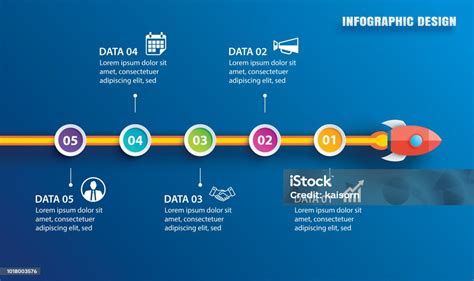 5 원형 수평 데이터 템플릿을 시작 Infographics 파란색 배경 벡터 일러스트 레이 션 추상 로켓 종이 예술 기획 전략 워크플로 레이아웃 사업 단계 배너 웹 디자인에