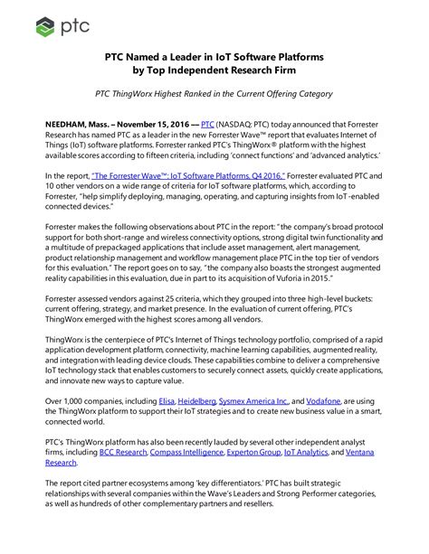 Ptc Named A Leader In Iot Software Platforms By Top Independent Research Firm Docx