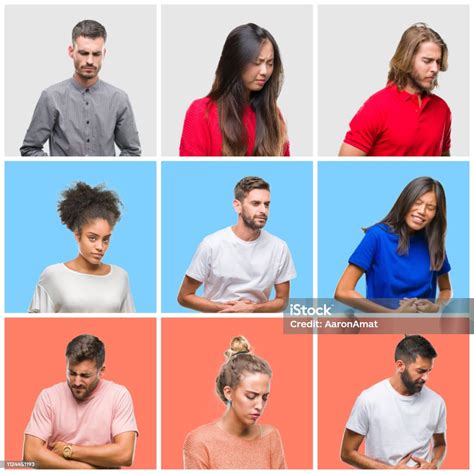 메스꺼움 고통 스러운 질병이 기분이 좋지 않기 때문에 뱃속에 손으로 화려한 고립 된 배경 위에 젊은 사람들의 그룹의 콜라주 통증