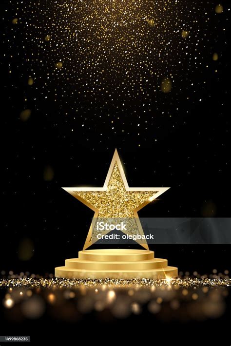 별이 빛나는 황금 3 단계 연단 어두운 배경에 반짝이와 밝은 연기가 있는 금색 무대 영화와 영화의 할리우드 명성 또는 스포츠 벡터 일러스트레이션의 챔피언십 상에 대한 스톡
