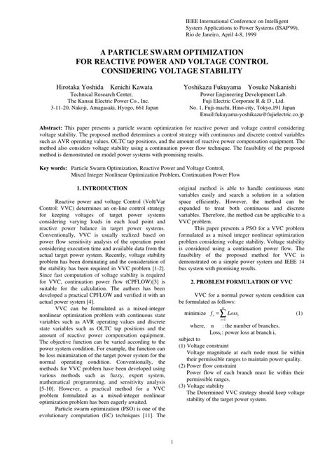 Pdf A Particle Swarm Optimization For Reactive Power And Voltage Control Considering Voltage