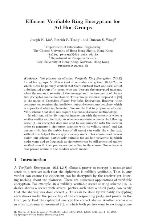 Pdf Efficient Verifiable Ring Encryption For Ad Hoc Groups