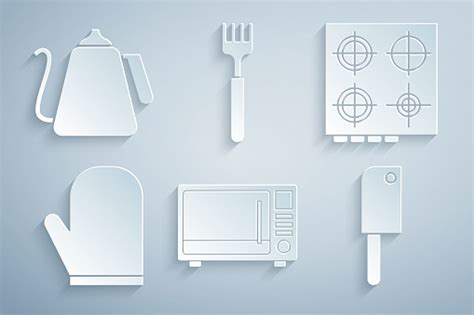 손잡이 아이콘으로 전자 레인지 가스 스토브 오븐 장갑 고기 헬기 포크 및 주전자를 설정합니다 벡터 3차원 형태에 대한 스톡 벡터 아트 및 기타 이미지 Istock