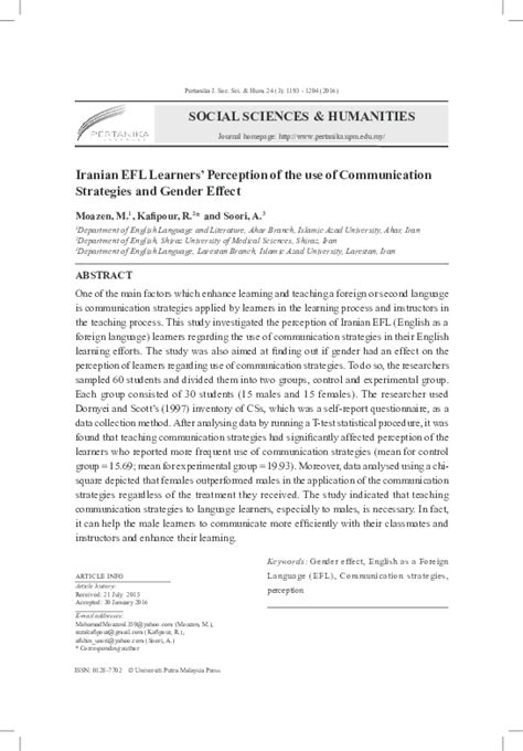 Pdf Iranian Efl Learners Perception Of The Use Of Communication Strategies And Gender Effect