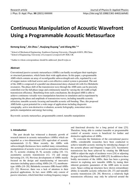 Pdf Continuous Manipulation Of Acoustic Wavefront Using A Programmable Acoustic Metasurface