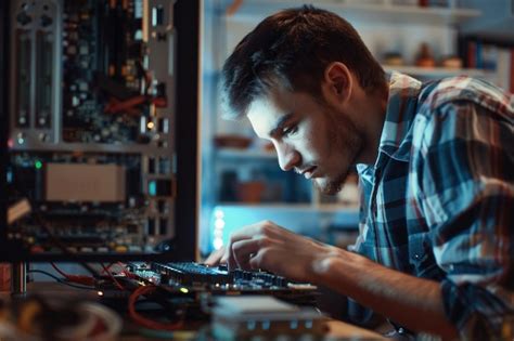 Closeup Photo Of A Young Man Carefully Assembling Components In His Desktop Pc Premium Ai