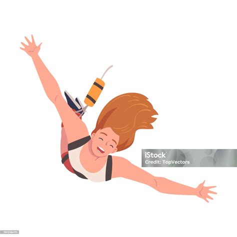 번지 점프 여자 캐릭터 무료 떨어지는 큰 높이에서 탄성 코드 벡터 그림에 연결 경외감에 대한 스톡 벡터 아트 및 기타 이미지 경외감 날기 높은 곳 Istock