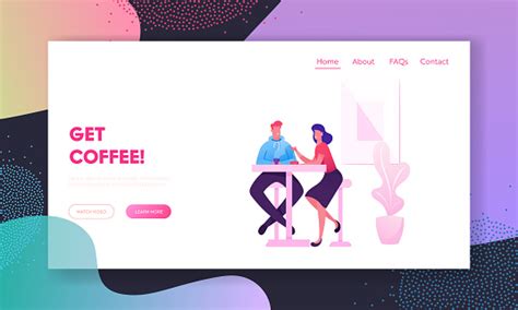 커피 하우스 웹 사이트 방문 페이지에서 대화를 하는 남자와 여자 사람들은 현대 레스토랑 웹 페이지 배너에서 테이블 마시는 음료에 앉아 카페를 방문합니다 만화 플랫 벡터