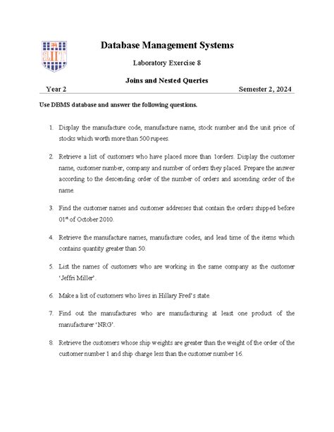 lab sheet on joins and nested queries database management systems