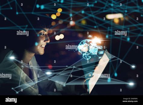 Woman On Digital Tablet Futuristic Network Overlay And Iot Cloud Data