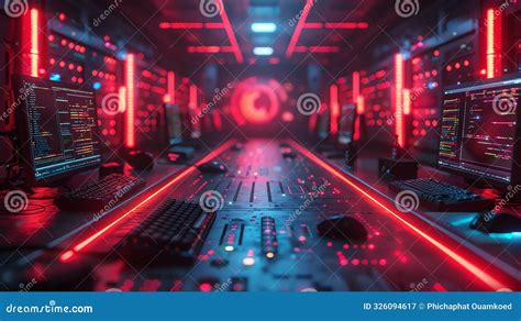 Futuristic Cyber Security Command Center With Glowing Red Lights Multiple Computer Screens And