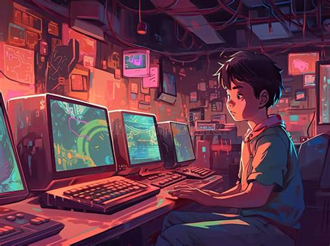 Genius Little Boy As A Hacker Is Coding And Programming On In Outdoor