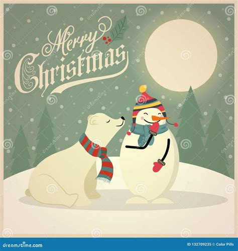 Beautiful Retro Christmas Card With Polar Bear And Snowman Stock Vector