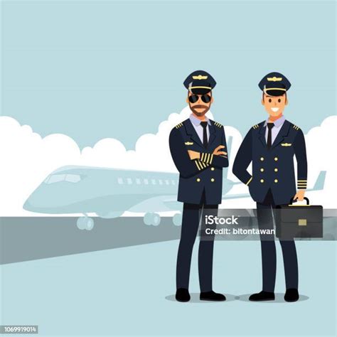 오신 것을 환영 합니다 비행기로 여행 조종사 선장 님 비행 승무원 스튜 어디 스 벡터 일러스트 만화 캐릭터 공항에 대한 스톡