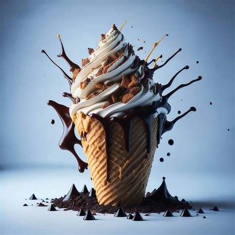 Premium Ai Image Delicious Splash Ice Cream Cone Design With Exploding And Liquify Chocolate