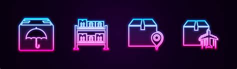 우산 창고 위치 골판지 상자 및 평면라인 배달 패키지를 설정합니다 빛나는 네온 아이콘 벡터 감시에 대한 스톡 벡터 아트 및 기타