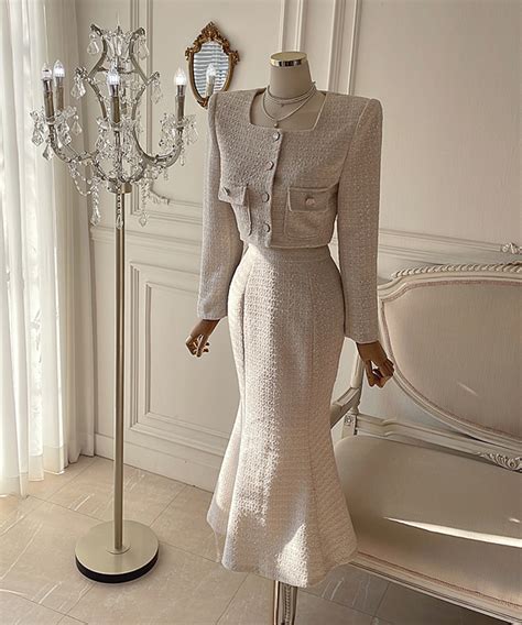 뮤엘 머메이드 롱 투피스 결혼식 하객룩 데이트룩 파티룩 상견례룩 예복 행사룩 브라이덜샤워 돌잔치 돌잔치원피스 트위드투피스 셀프웨딩 웨딩촬영 머메이드원피스 크롭자켓 머메이드스커트