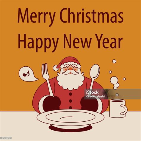 산타 클로스가 숟가락과 포크를 들고 식탁에 앉아 먹을 준비가되어 있으며 메리 크리스마스와 새해 복 많이 받으세요 산타 클로스에 대한 스톡 벡터 아트 및 기타 이미지 Istock