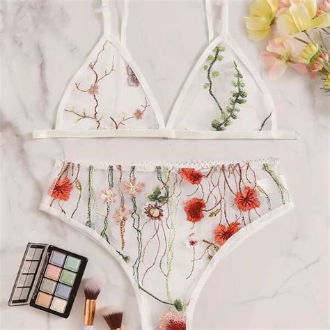 Sheer Mesh Floral Embroidery Lingerie Set