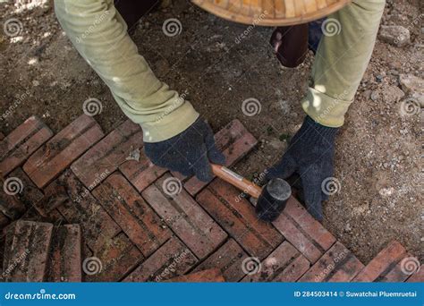 Worker Laying Red Brick Pathway Around The House Stock Photo Image Of Installing Backyard