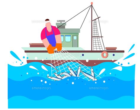 漁船で漁師が網で魚をとるのイラスト素材 Fyi07583718 ストックフォトの Qlean Market（キュリンマーケット）
