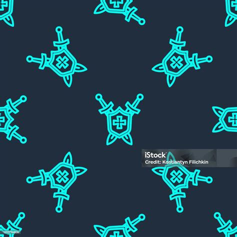 녹색 라인 중세 방패 교차 칼 아이콘 은 파란색 배경에 원활한 패턴을 분리 벡터 강철에 대한 스톡 벡터 아트 및 기타 이미지