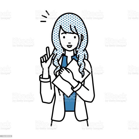 작업 재킷 스타일의 여성은 포인팅 손 제스처와 함께 서 아이디어를 받고 가리키기에 대한 스톡 벡터 아트 및 기타 이미지