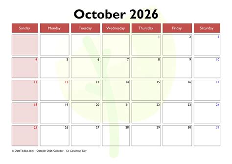 October 2026 Calendar With Holidays Printable Pdf