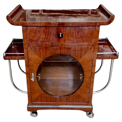 Rolling Art Deco Bar Cart Walnut Round Glass For Sale At 1stdibs