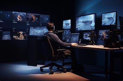 Premium Ai Image An Operator Is Diligently Monitoring Multiple Security Screens In A Dark