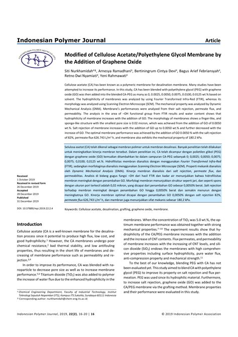 Pdf Modified Of Cellulose Acetate Polyethylene Glycol Membrane By The Addition Of Graphene Oxide