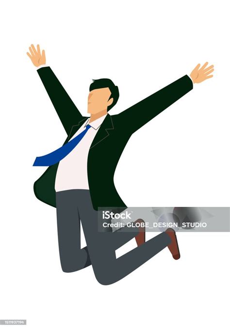 비즈니스 정장을 입은 한 명의 동양 남성 사업가가 점프하는 평면 삽화 성공 도약 도약의 이미지 기업 비즈니스에 대한 스톡 벡터