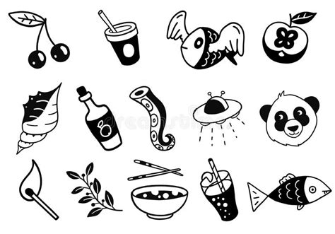Fashion Tattoo Icon Set Objects For Doodles Black And White Vector