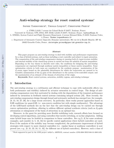 Pdf Anti‐windup Strategy For Reset Control Systems