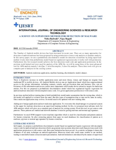 pdf a survey on supervised method for detection of malware ijesrt