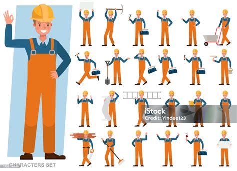 빌더 맨 세트는 오렌지 청바지 작업 문자 벡터 디자인을 착용합니다 감정 달리기 서서 걷기와 함께 다양한 액션으로 프리젠 테이션 엔지니어에 대한 스톡 벡터 아트 및 기타